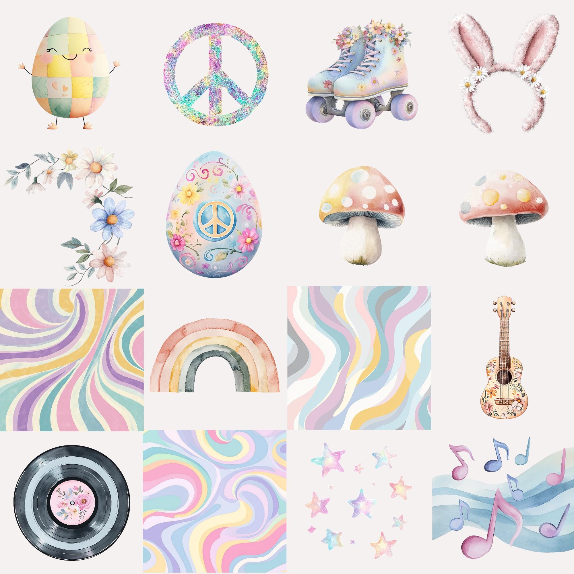 Easter Clipart Groovy, Instant Download, Watercolor Bunnies, Chicks ...