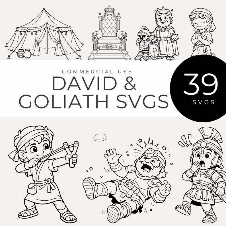 David and Goliath Svgs, Bible Story Black & White Graphics, Christian ...