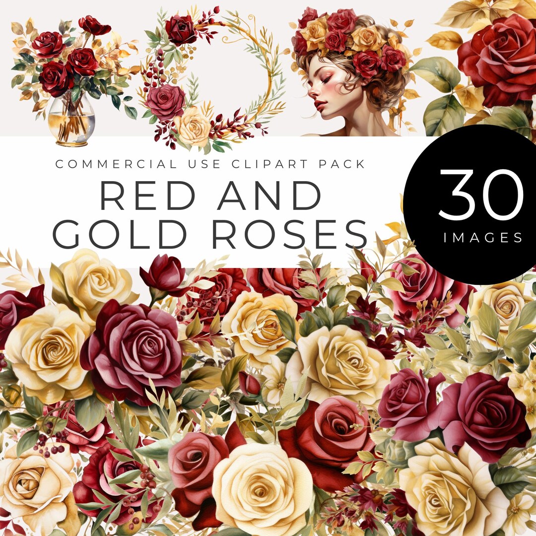 Red and Gold Rose Png INSTANT DOWNLOAD Watercolor Burgundy Clipart for ...