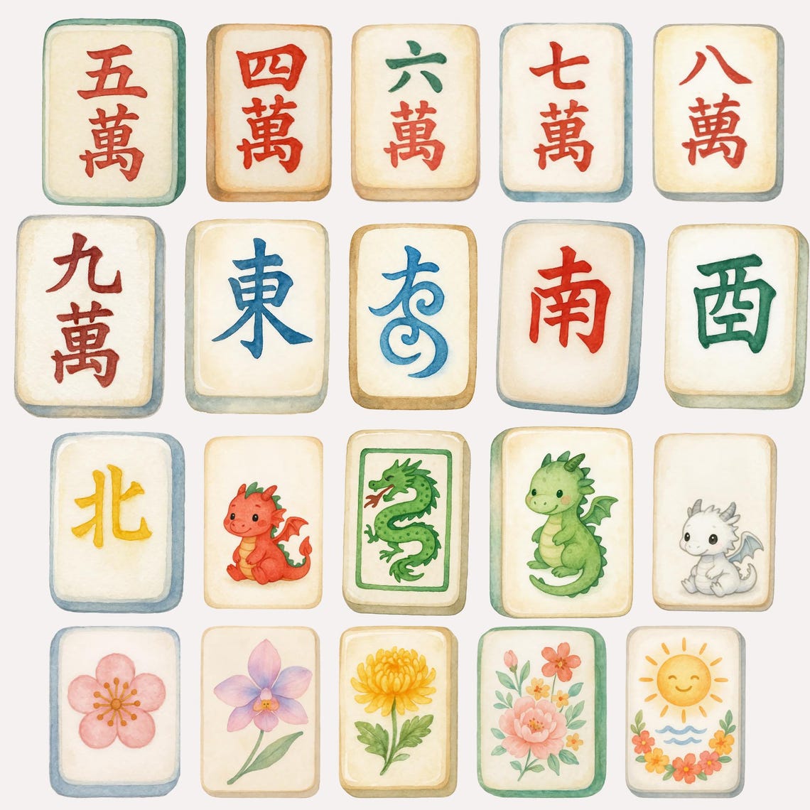 Mahjong Party Watercolor Clipart, Instant Download, Cute Mahjong ...
