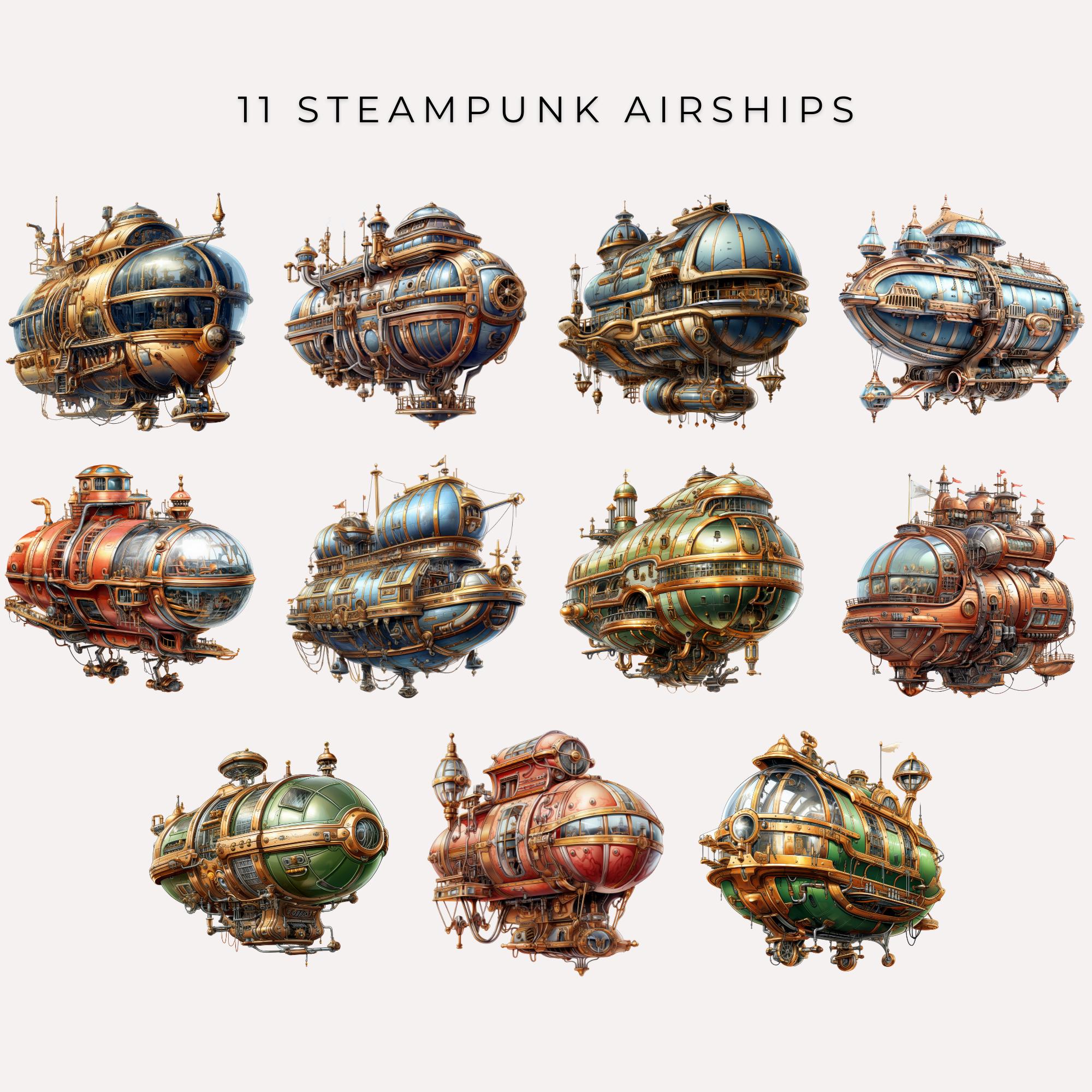Steampunk Mechanical Airships Clipart INSTANT DOWNLOAD Vintage Airship ...