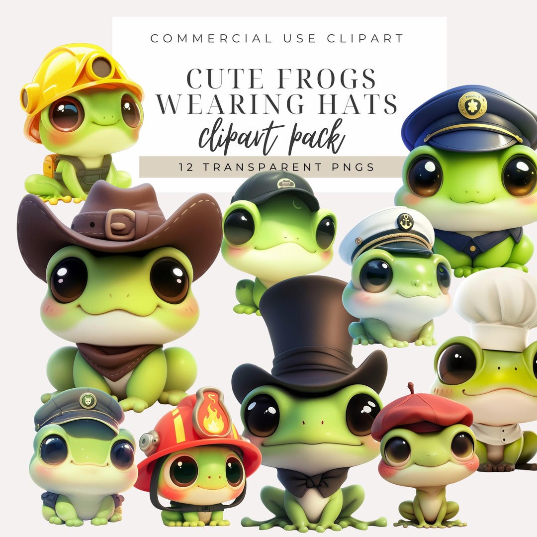 Cute Frog Clipart INSTANT DOWNLOAD 12 Chibi Kawaii Frogs Wearing Hats ...