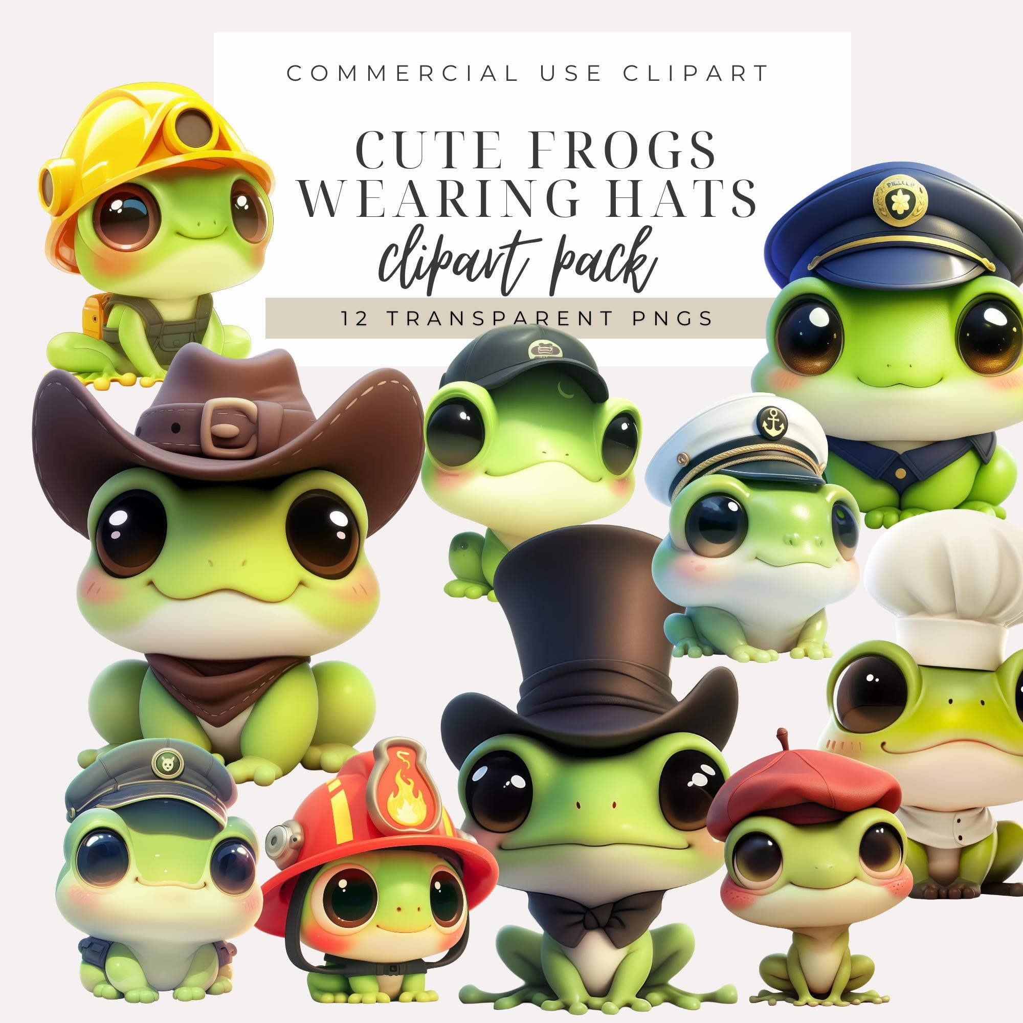 Cute Frog Clipart INSTANT DOWNLOAD 12 Chibi Kawaii Frogs Wearing Hats ...