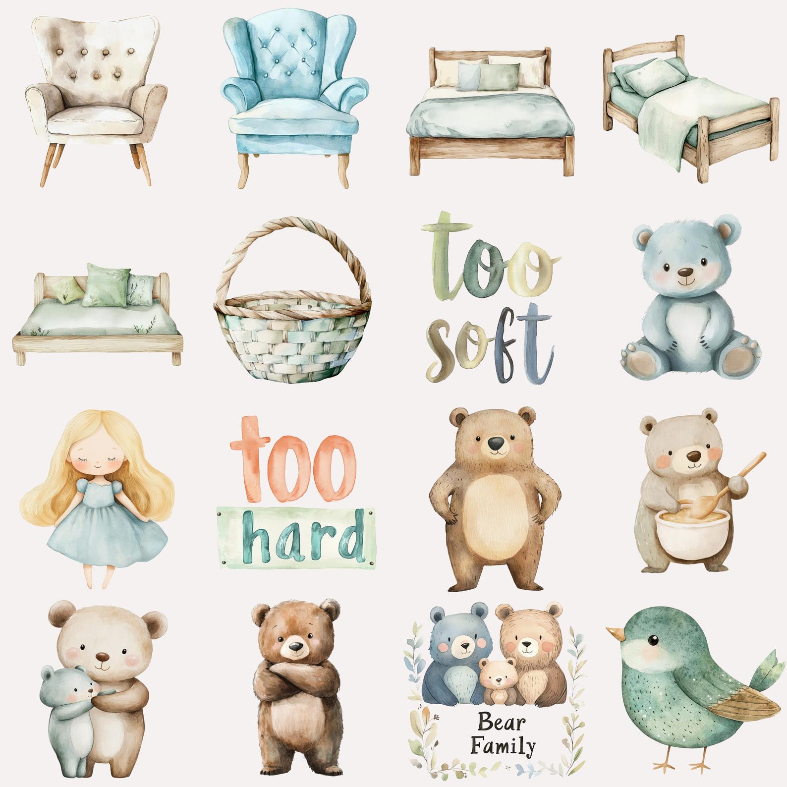 Goldilocks and the Three Bears Clipart Instant Download Watercolor ...