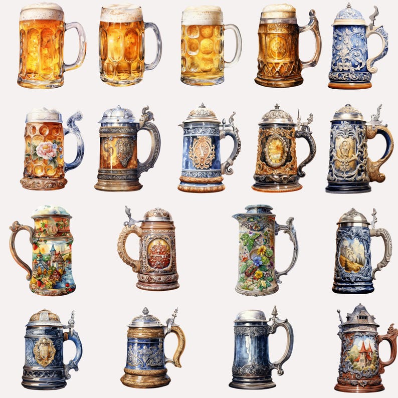 Watercolor Beer Stein Clipart Pack INSTANT DOWNLOAD Vintage Beer Mugs ...