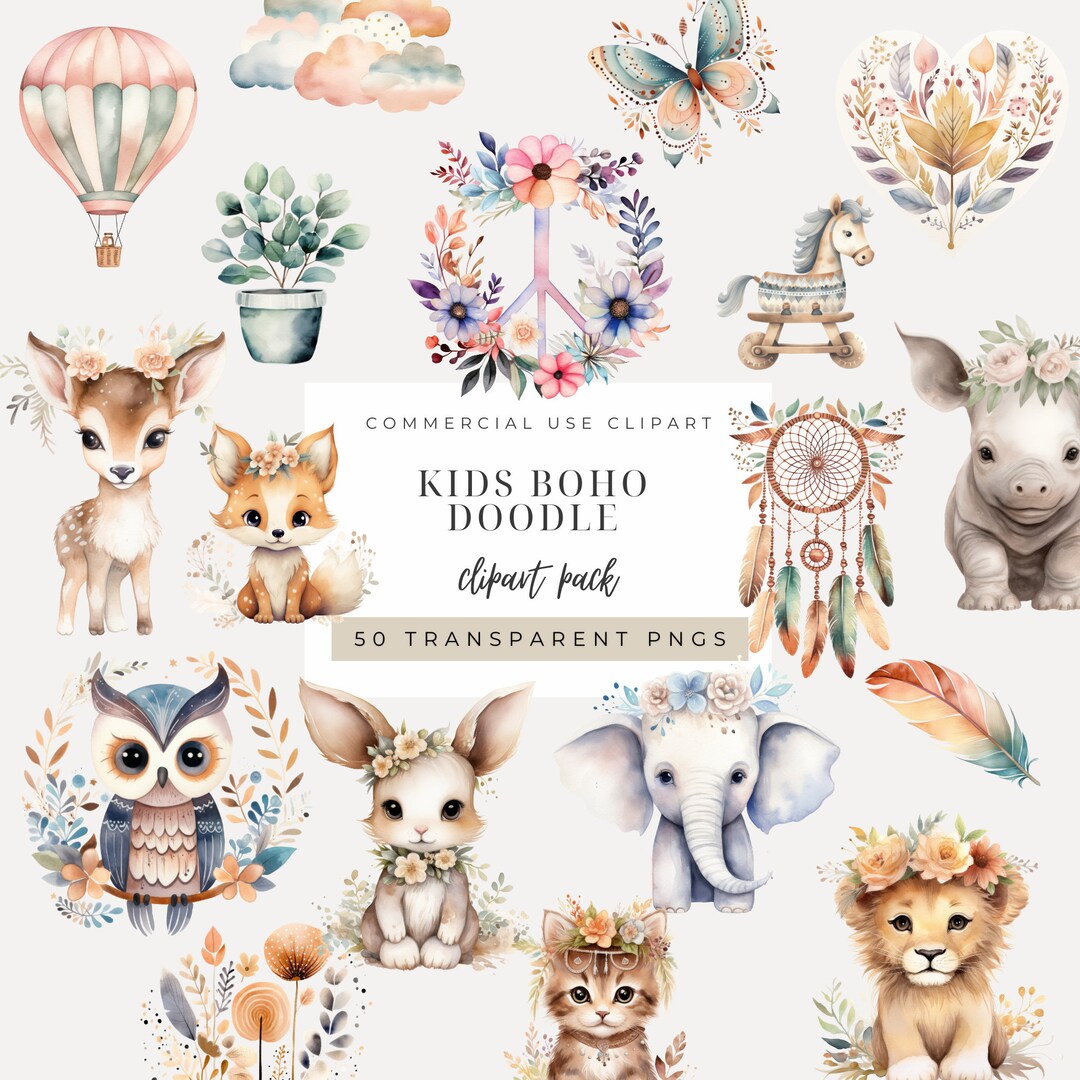 Boho Doodle Clipart INSTANT DOWNLOAD Watercolor Nursery Clip Art & Kid ...