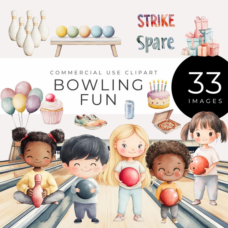Watercolor Bowling Clipart, Instant Download, Kids Bowling Party Decor ...