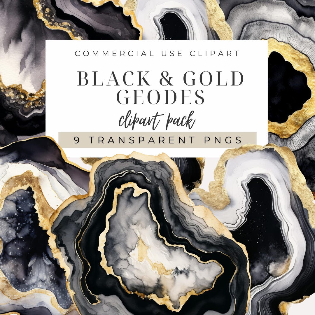 Black and Gold Geode Clipart INSTANT DOWNLOAD Sophisticated Watercolor ...