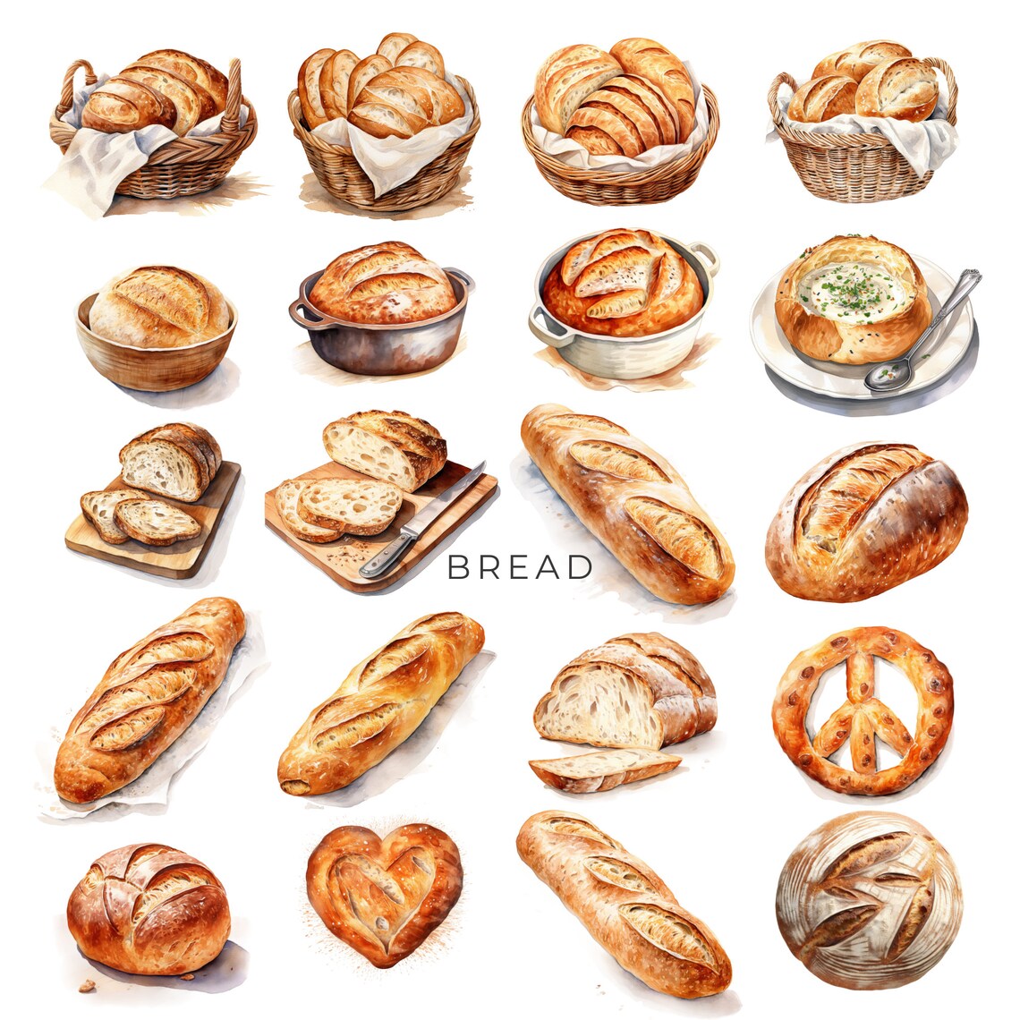 Watercolor Bakery Clipart INSTANT DOWNLOAD Watercolor Sourdough Bread ...