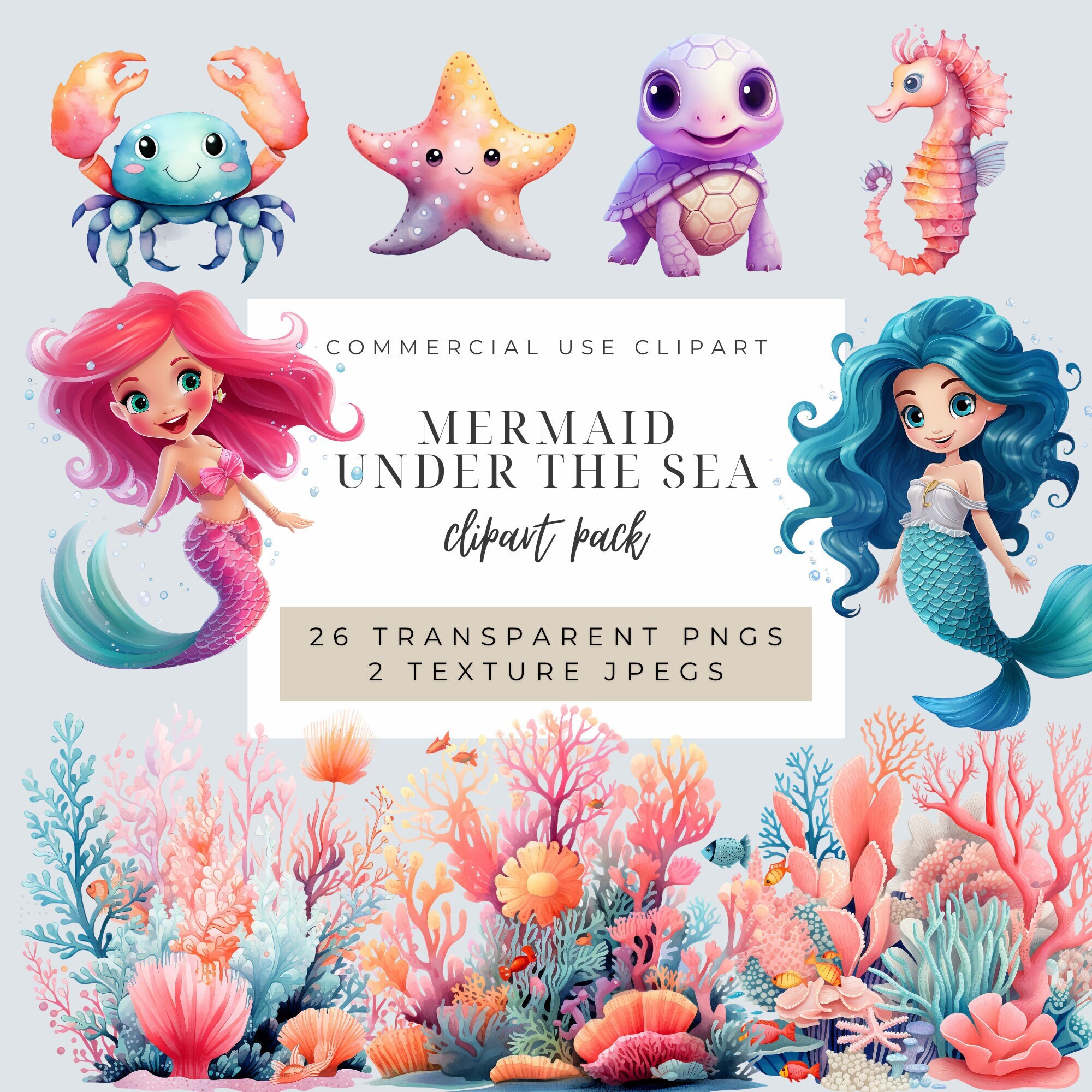 Under the Sea Mermaid Clipart INSTANT DOWNLOAD Watercolor, Mermaid Pngs ...