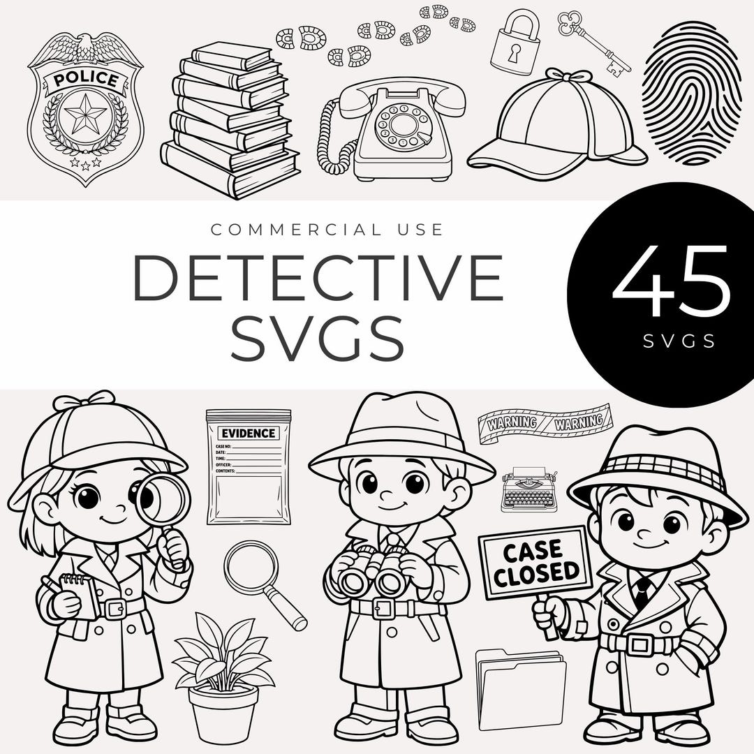 Cute Detective Svgs, Kids Mystery Black and White Icons, Spy Clipart ...