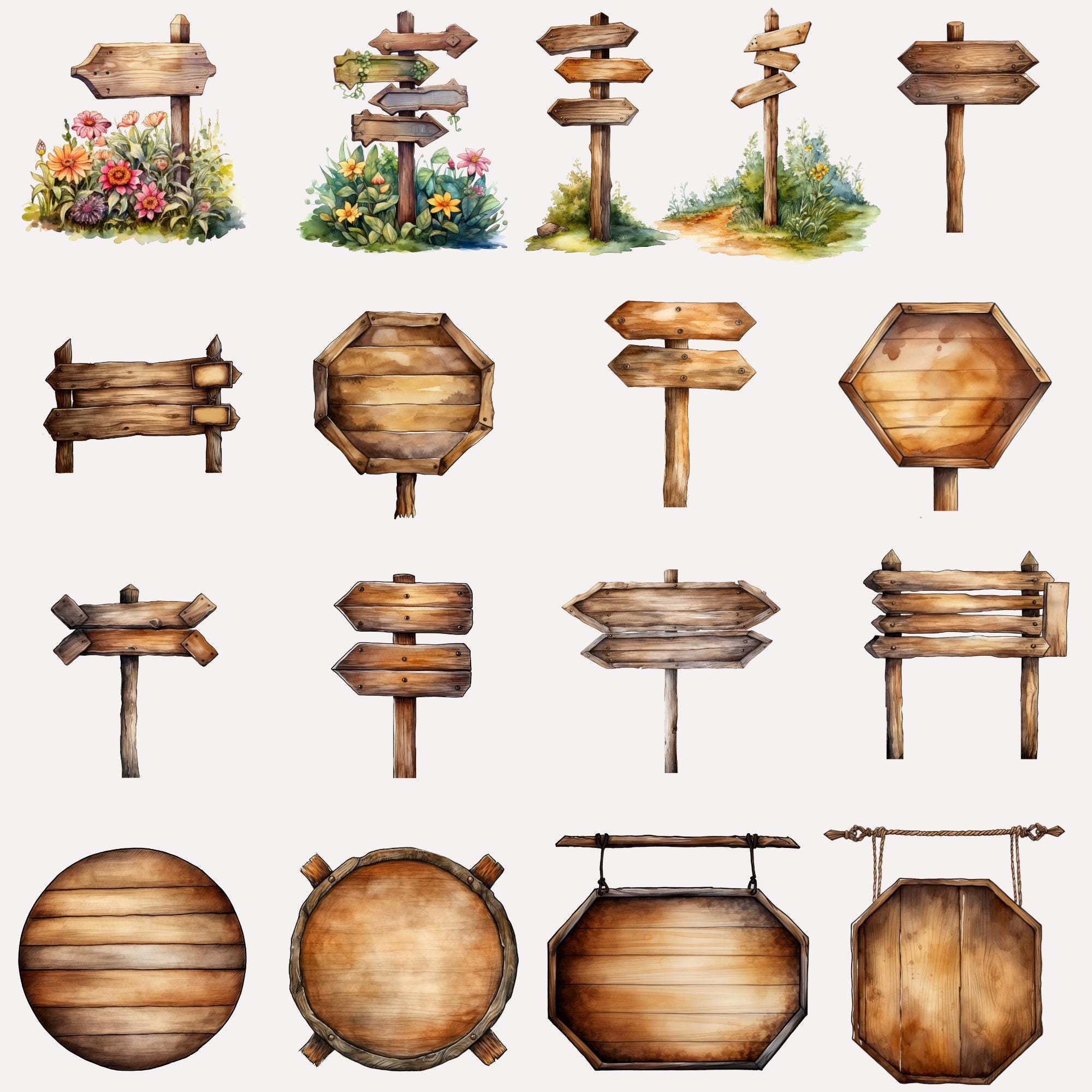 Wooden Garden Sign Clipart INSTANT DOWNLOAD Rustic Wood Watercolor ...