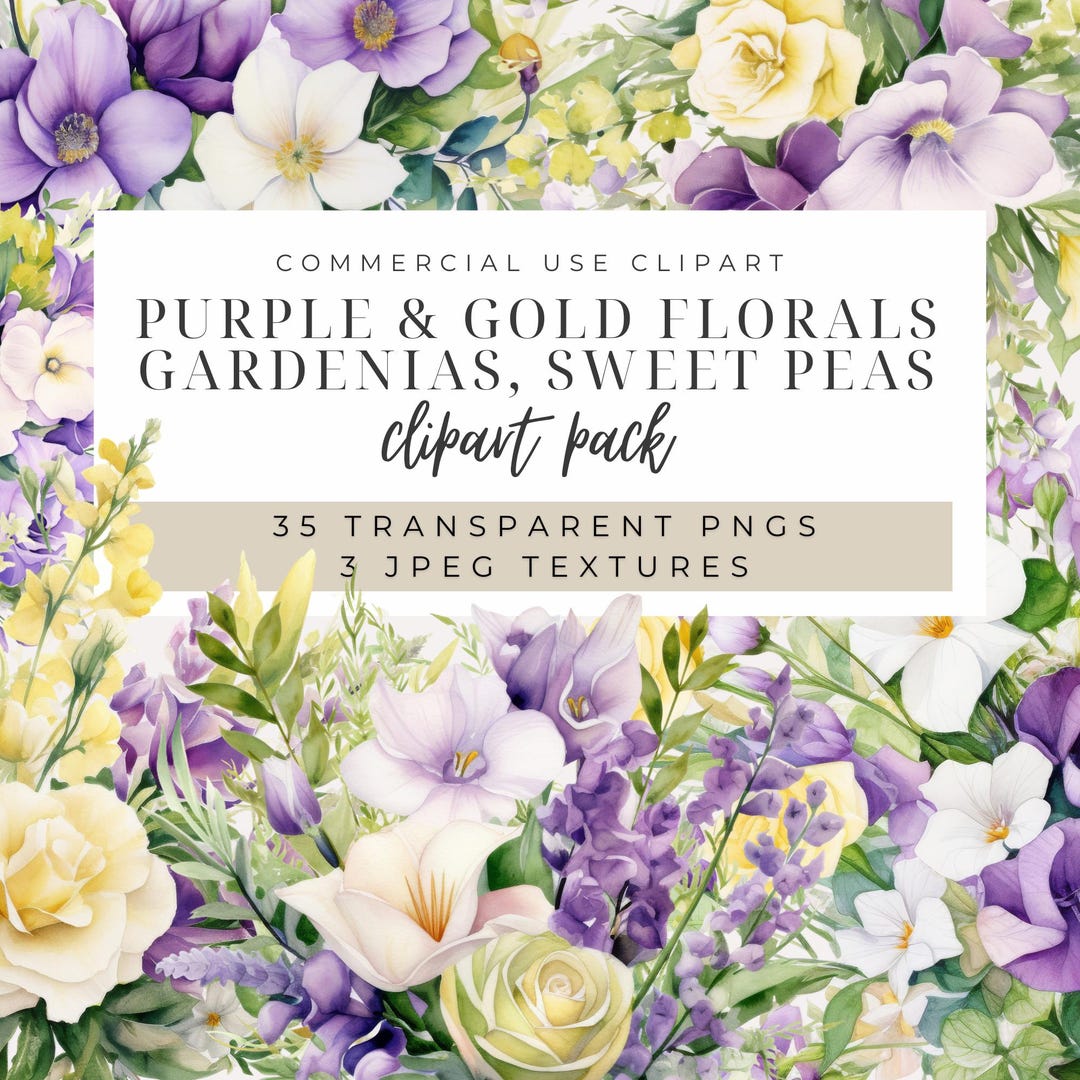 Purple & Gold Watercolor Floral Clipart INSTANT DOWNLOAD Gardenias ...