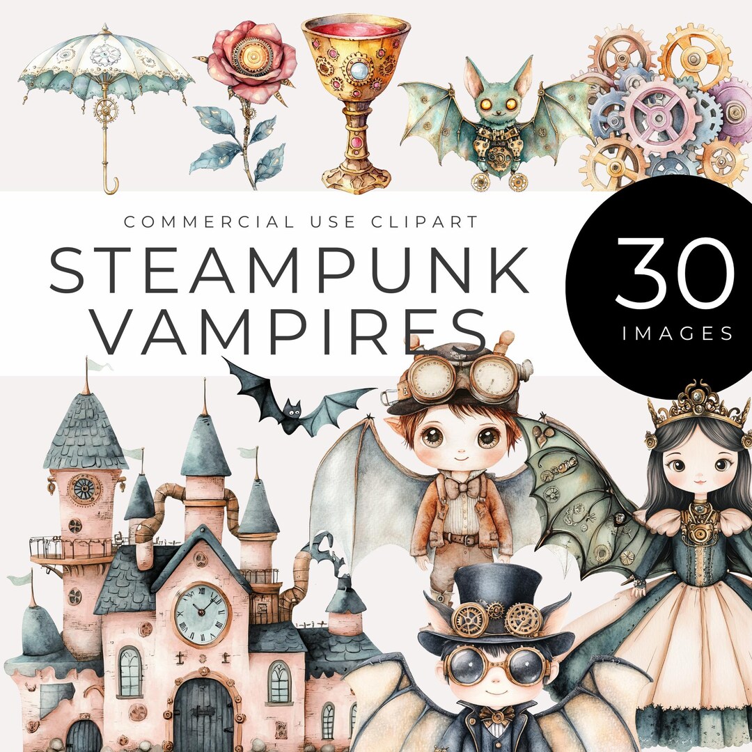 Steampunk Vampire Clipart Instant Download Cute Watercolor Fantasy Bats ...