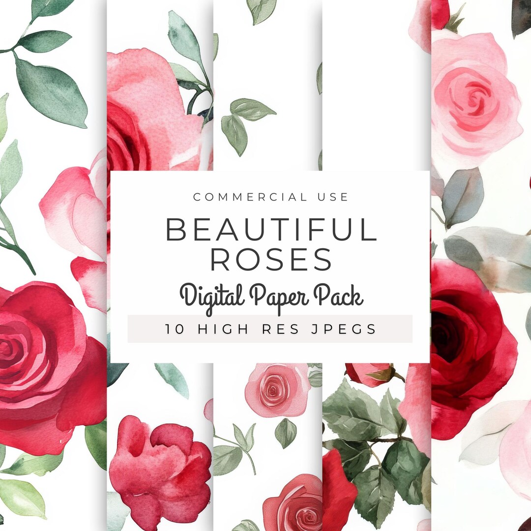 Watercolor Rose Digital Paper Pack, Romantic Floral Backgrounds, Red ...