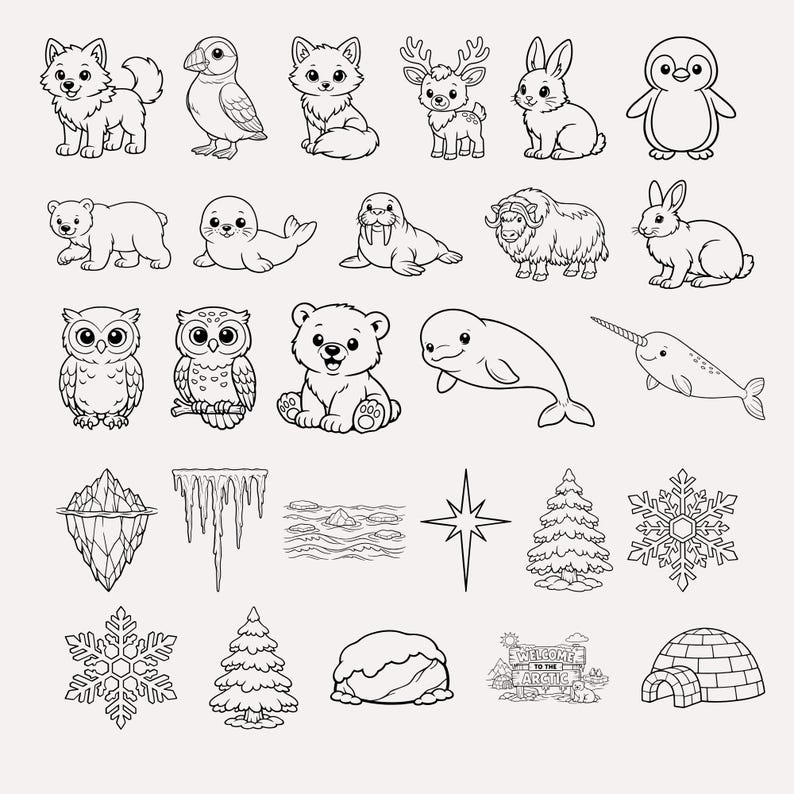 Arctic Animals Svgs, Polar Bear Penguin Narwhal Black & White Line Art ...
