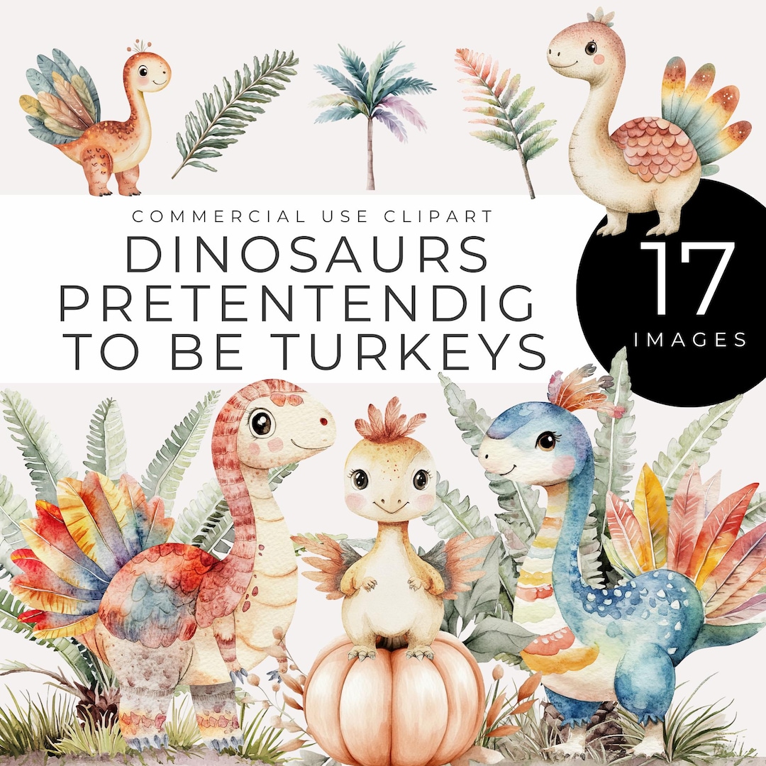 Watercolor Turkey Dinosaurs Clipart, Cute Thanksgiving Dino Art ...