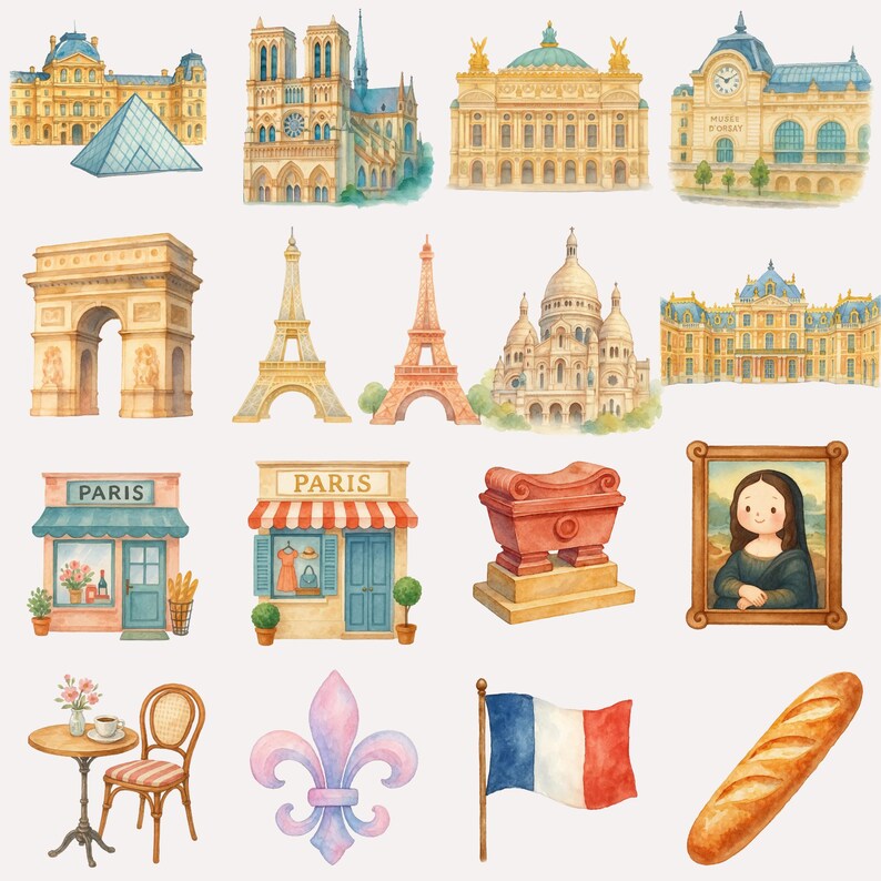 Cute Paris Clipart, Instant Download, Watercolor France Landmarks ...