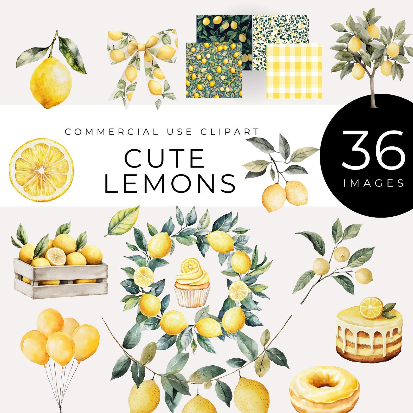 Cute Lemon Clipart, Instant Download, Watercolor Citrus PNG, Summer ...