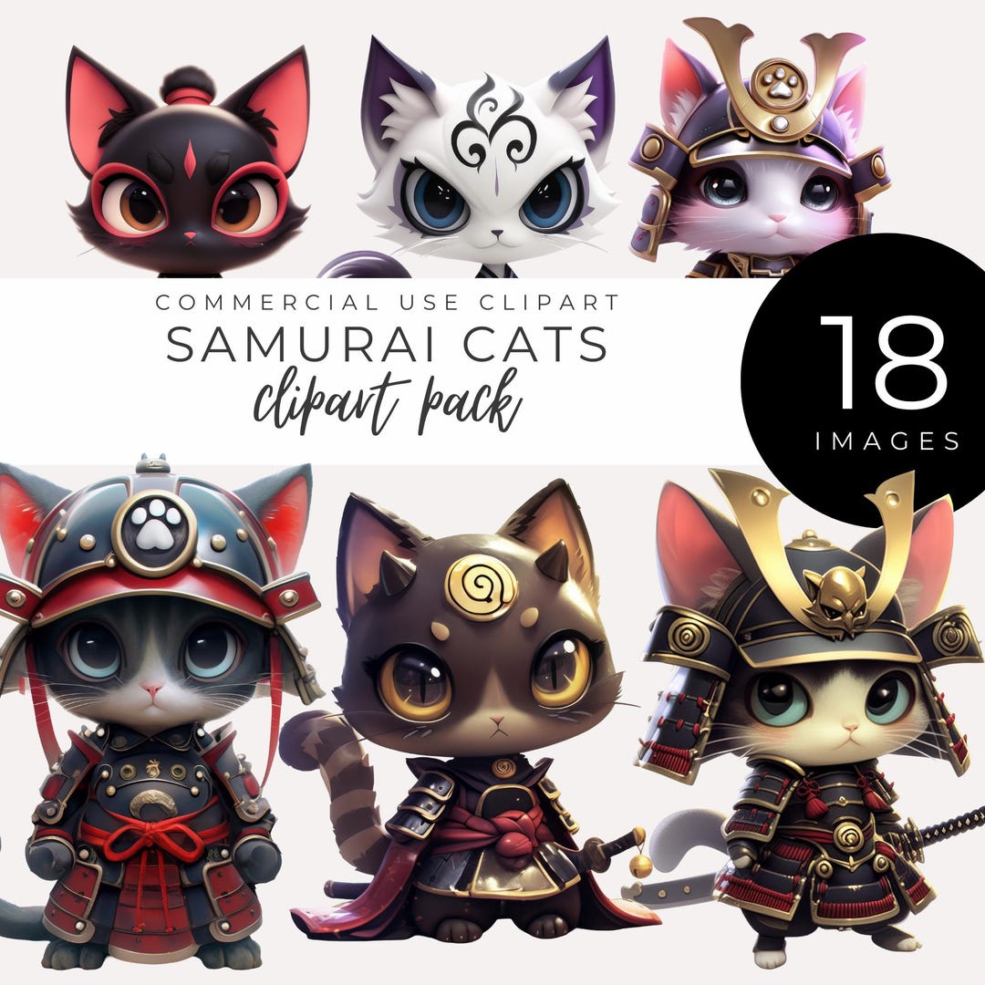 Samurai Cats Clipart INSTANT DOWNLOAD Cute Kawaii Warrior Cats ...