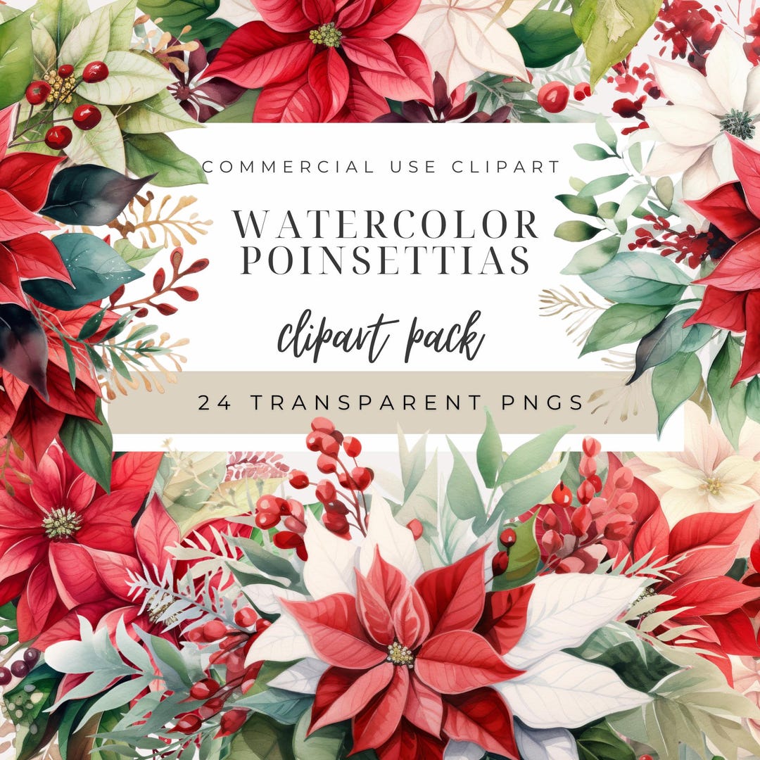 Watercolor Poinsettia Clipart INSTANT DOWNLOAD Red Holiday Wreaths ...
