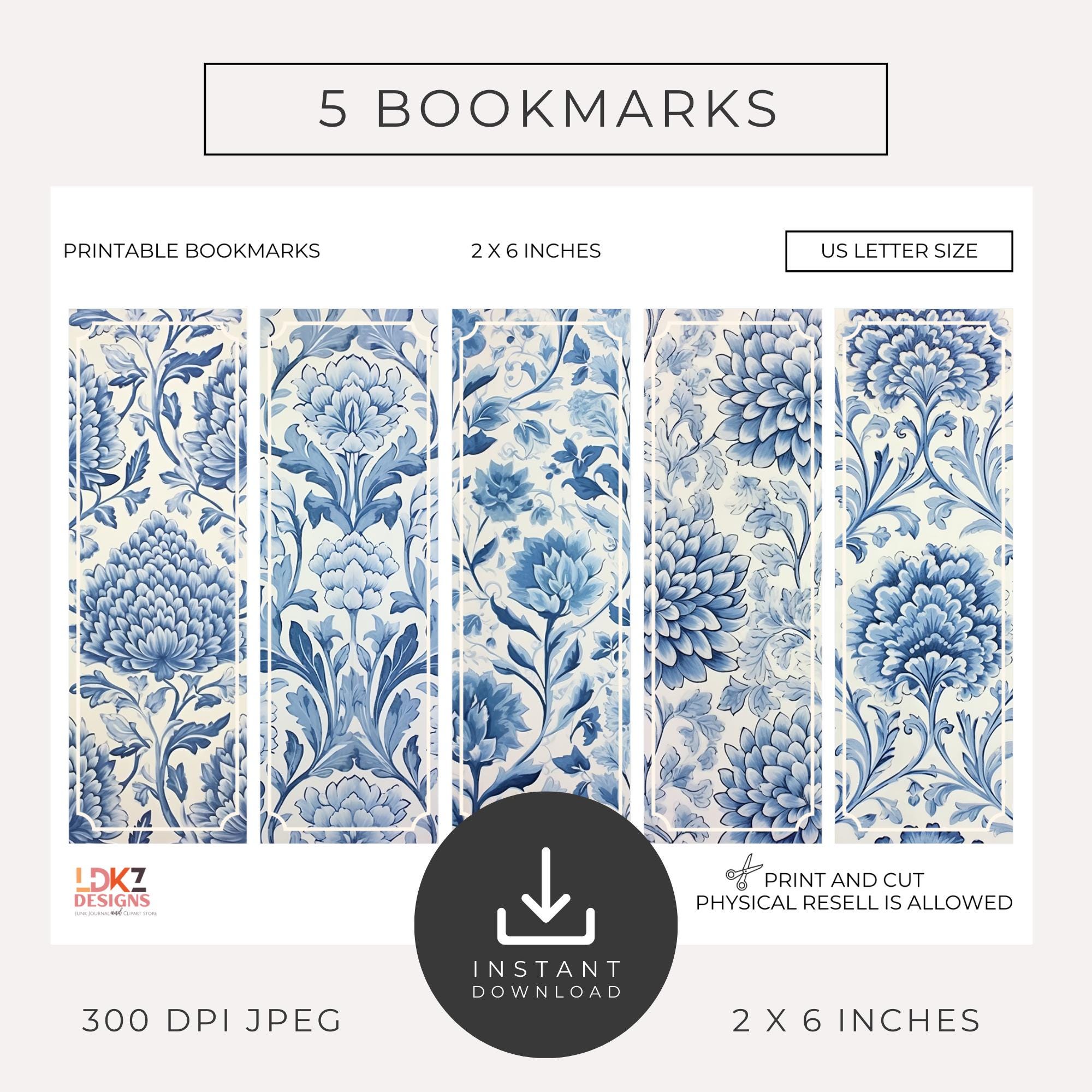 Blue Floral Damask Bookmarks INSTANT DOWNLOAD Cottagecore Elegant Toile ...