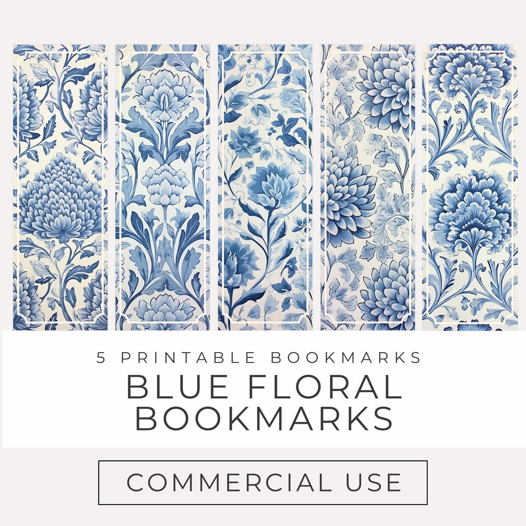 Blue Floral Damask Bookmarks INSTANT DOWNLOAD Cottagecore Elegant Toile ...
