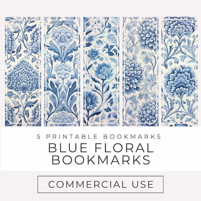 Blue Floral Damask Bookmarks INSTANT DOWNLOAD Cottagecore Elegant Toile ...