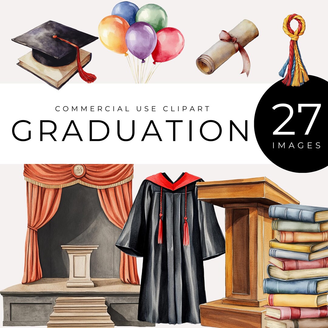 Watercolor Graduation Clipart, Instant Download, Cap and Gown PNG ...
