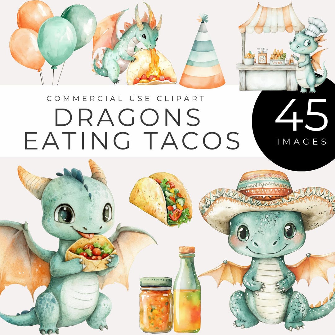 Dragons Taco Party Clipart INSTANT DOWNLOAD Watercolor Fantasy ...