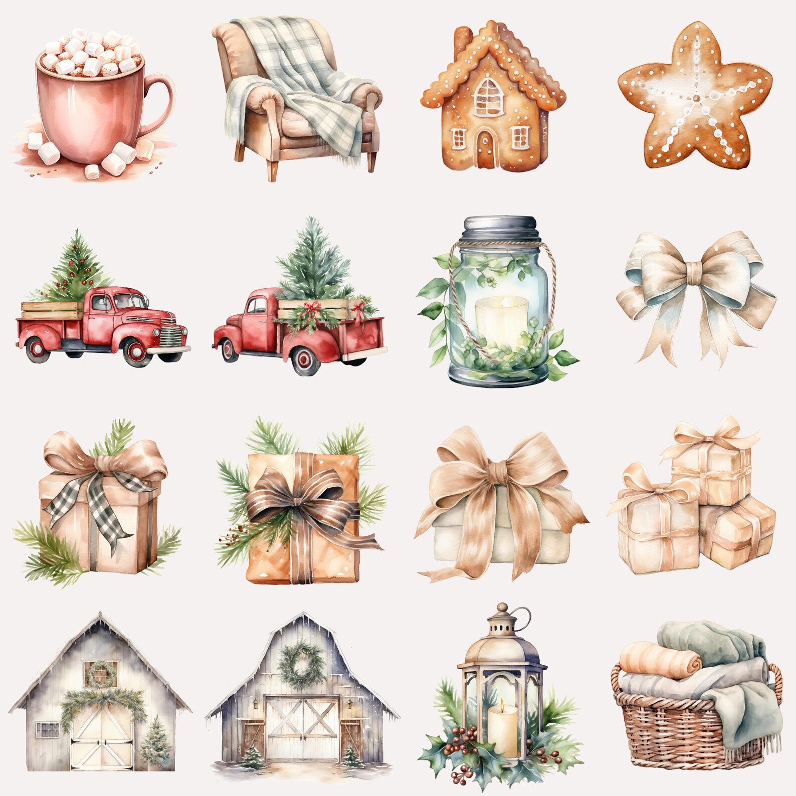 Watercolor Farmhouse Christmas Clipart INSTANT DOWNLOAD Santa Hats ...