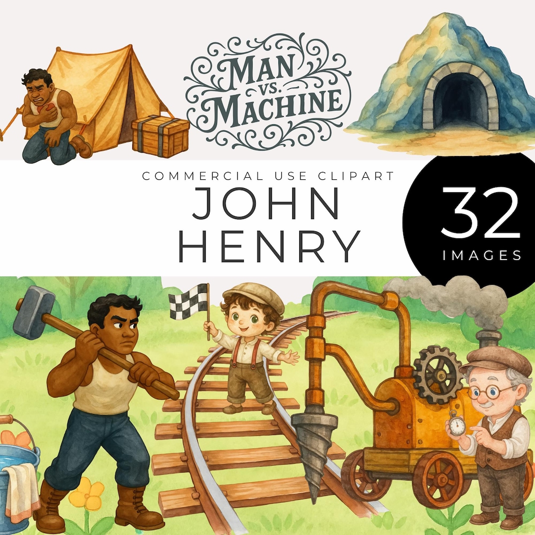 John Henry Clipart, Instant Download, American Folk Hero, Railroad Labor, Steel Driving Man ...