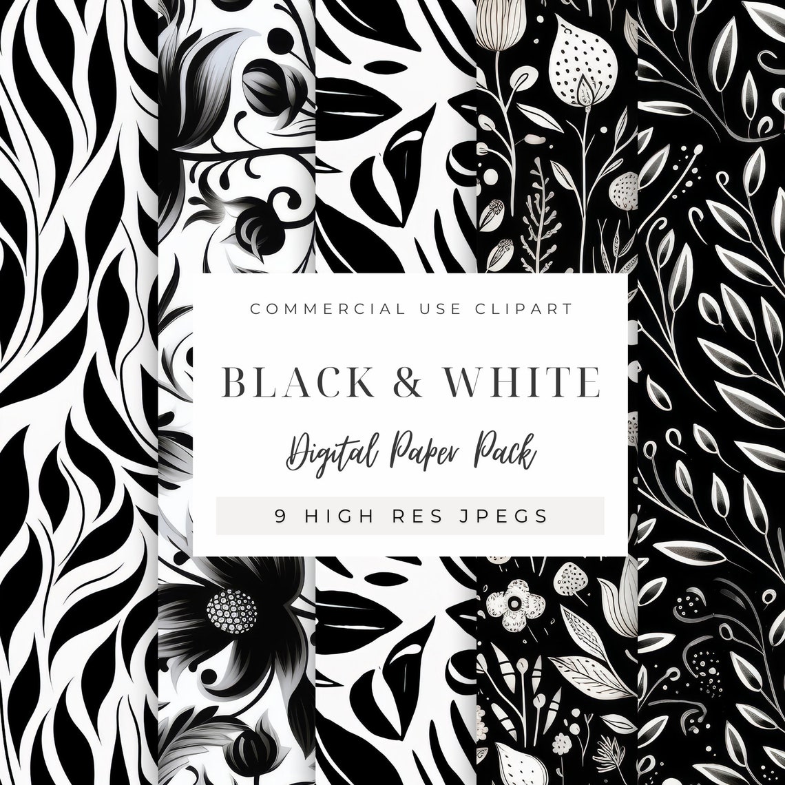 Black and White Digital Paper Pack INSTANT DOWNLOAD Monochrome Abstract ...