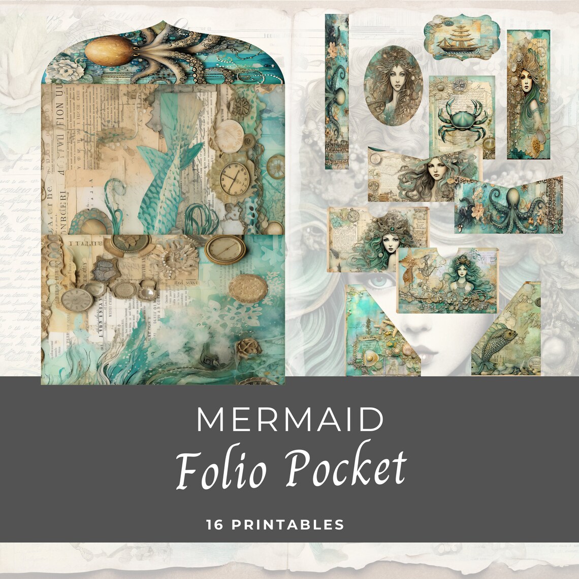 Mermaid Junk Journal Folio Printables INSTANT DOWNLOAD 12 Piece Mix ...