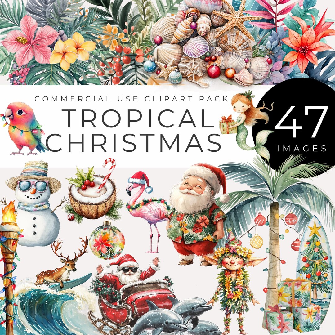 Tropical Christmas Clipart, Instant Download, Watercolor Santa in July ...