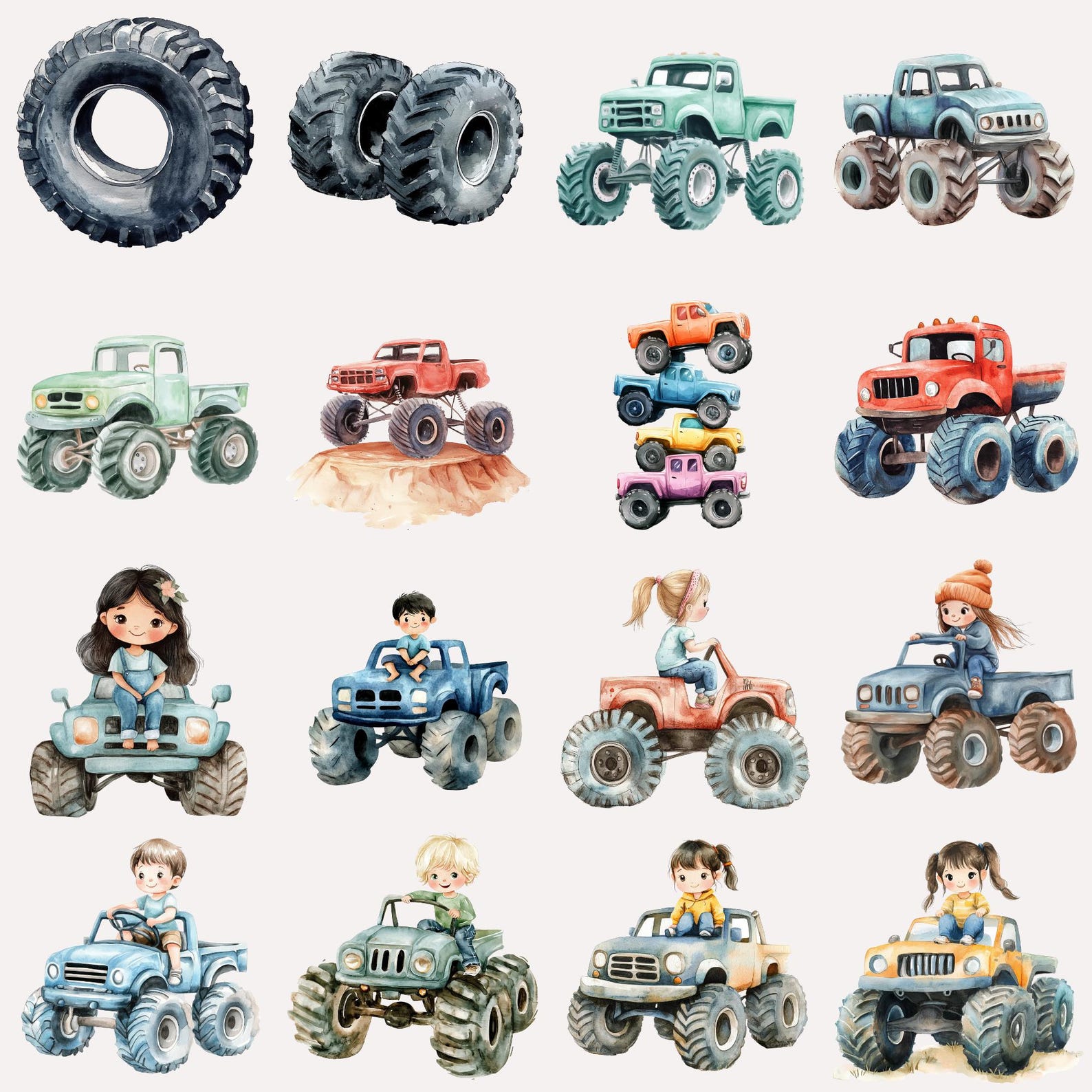 Cute Monster Trucks Clipart Instant Download Watercolor Kids Birthday ...