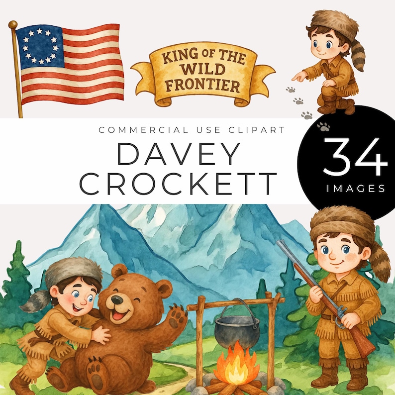 Davey Crockett Clipart, Instant Download, Pioneer Boy, Coonskin Cap ...
