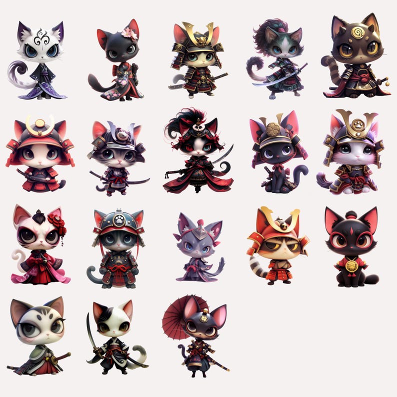 Samurai Cats Clipart INSTANT DOWNLOAD Cute Kawaii Warrior Cats ...