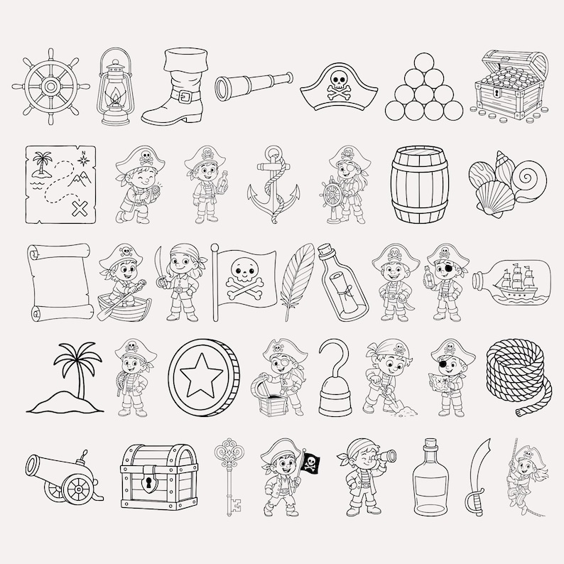 Cute Pirate Svgs, Kids Buccaneer Clipart Line Art, Treasure Map, Island ...