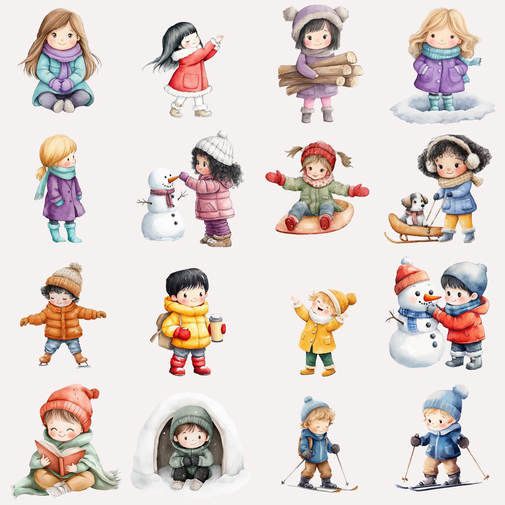 Watercolor Kids Snow Day Clipart INSTANT DOWNLOAD Winter Fun Images ...