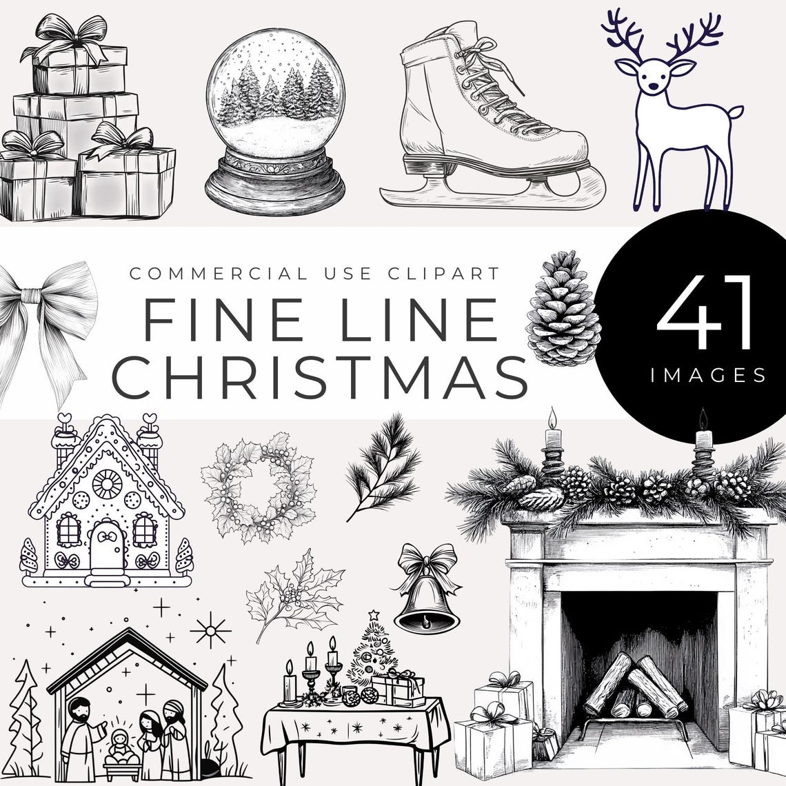 Fine Art Line Clipart Christmas INSTANT DOWNLOAD Festive Holiday ...
