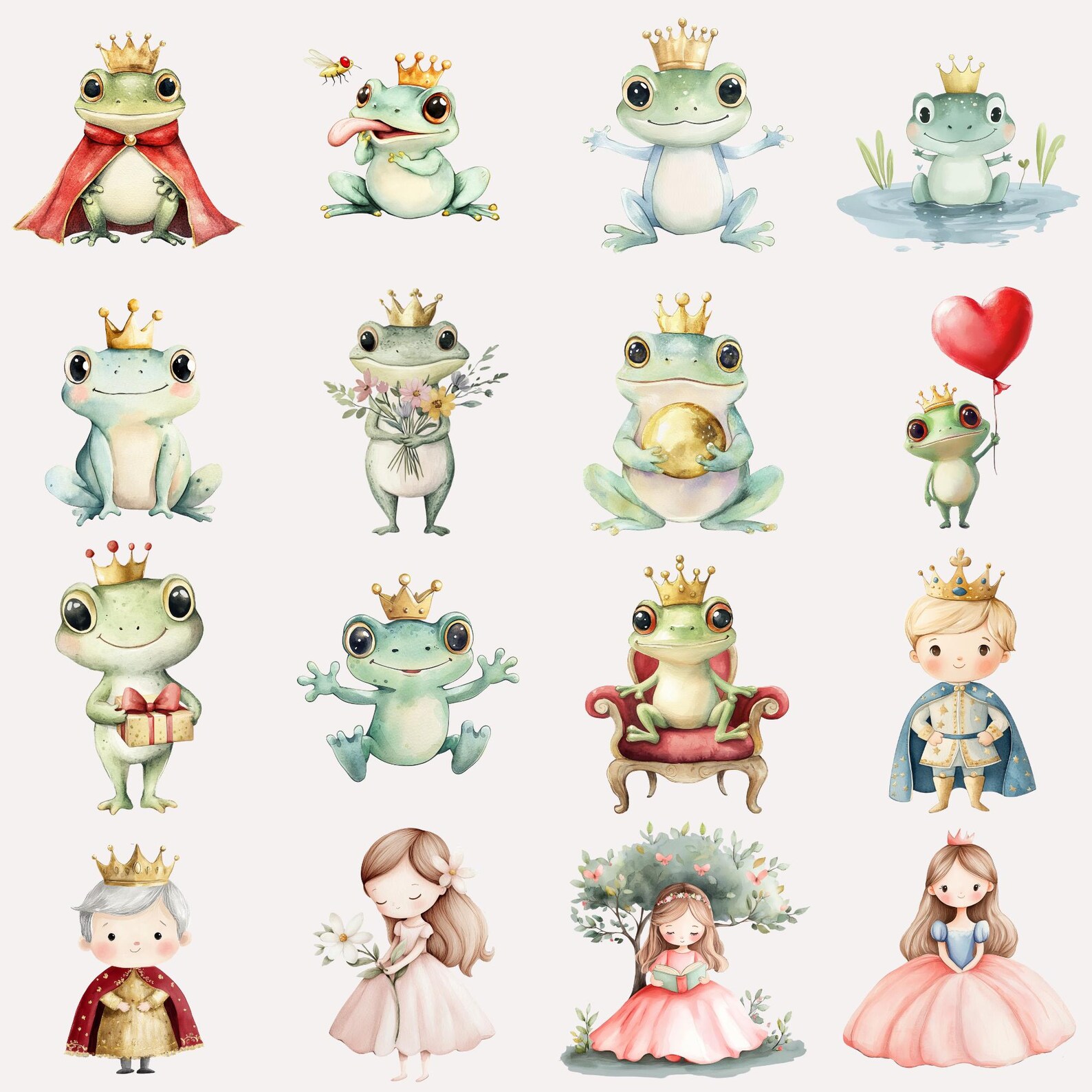 Watercolor Frog Prince Clipart, Instant Download, Fairy Tale, Princess ...