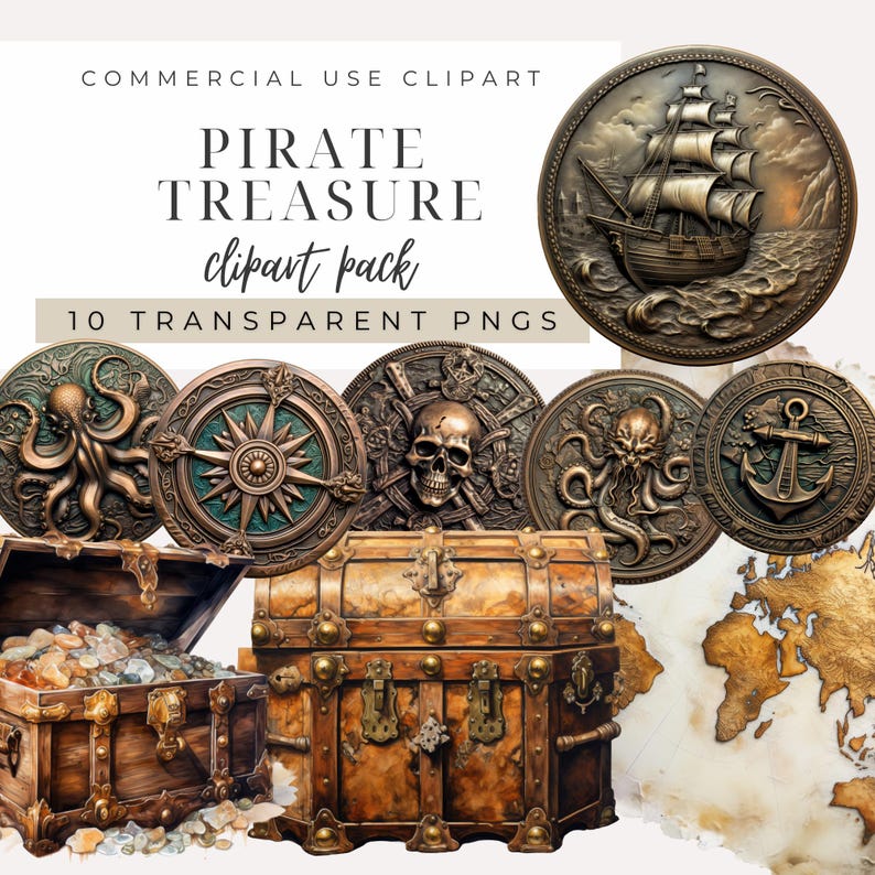 Watercolor Pirate Treasure Clipart INSTANT DOWNLOAD Pirate Coins ...