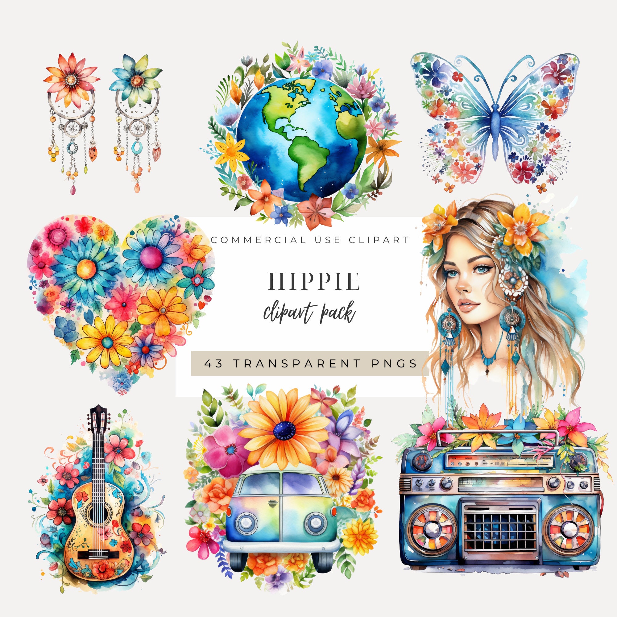 Hippie Clipart INSTANT DOWNLOAD Boho, Retro, & Groovy Graphics, Images ...