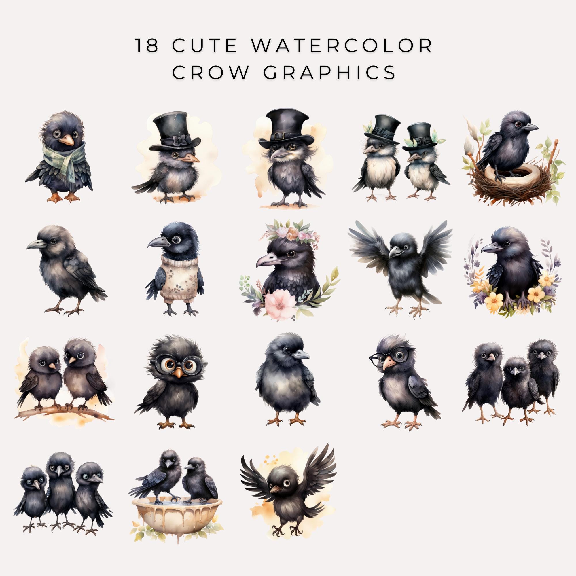 Watercolor Cute Crows Clipart INSTANT DOWNLOAD Adorable Halloween Birds ...