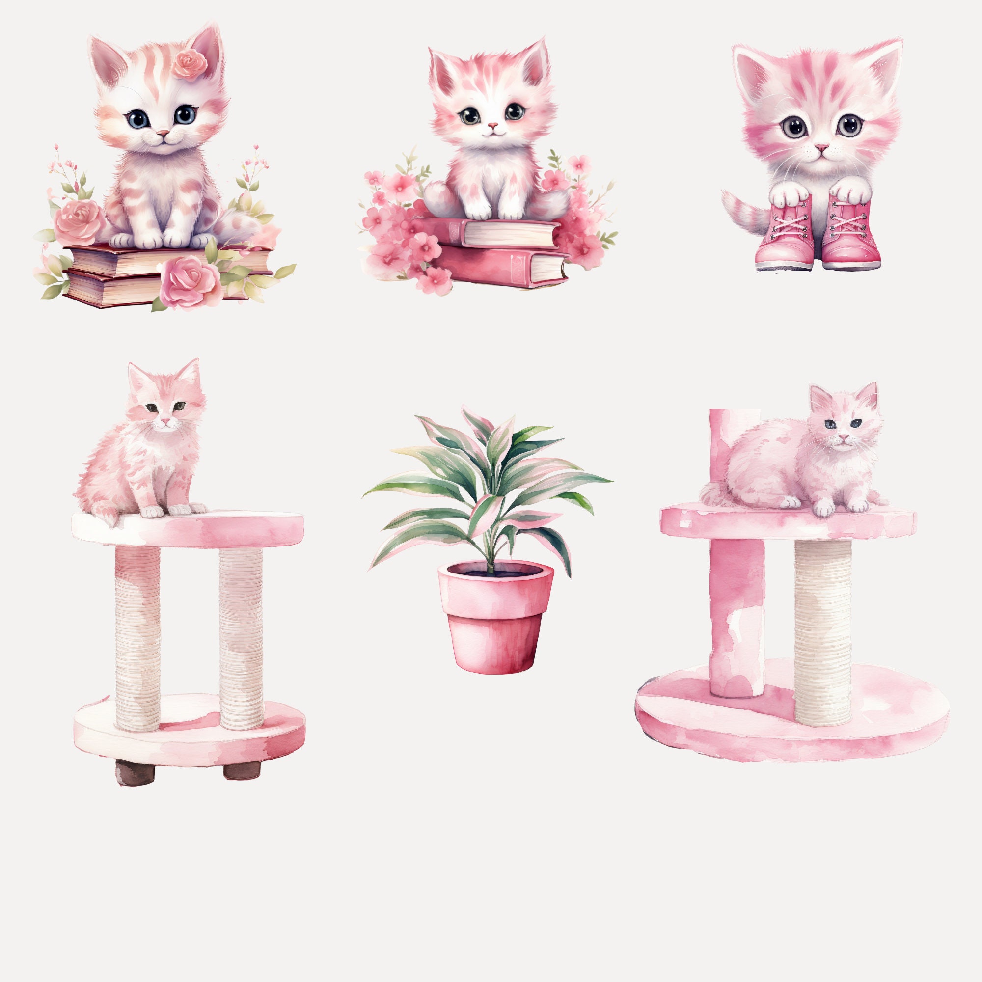 Cute Pink Kittens Clipart INSTANT DOWNLOAD Playful Watercolor Animals ...