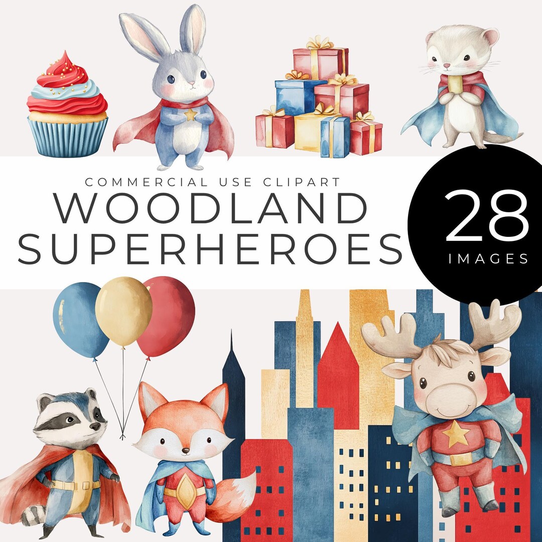 Woodland Superhero Clipart, Instant Download, Cute Animal Heroes, Party ...