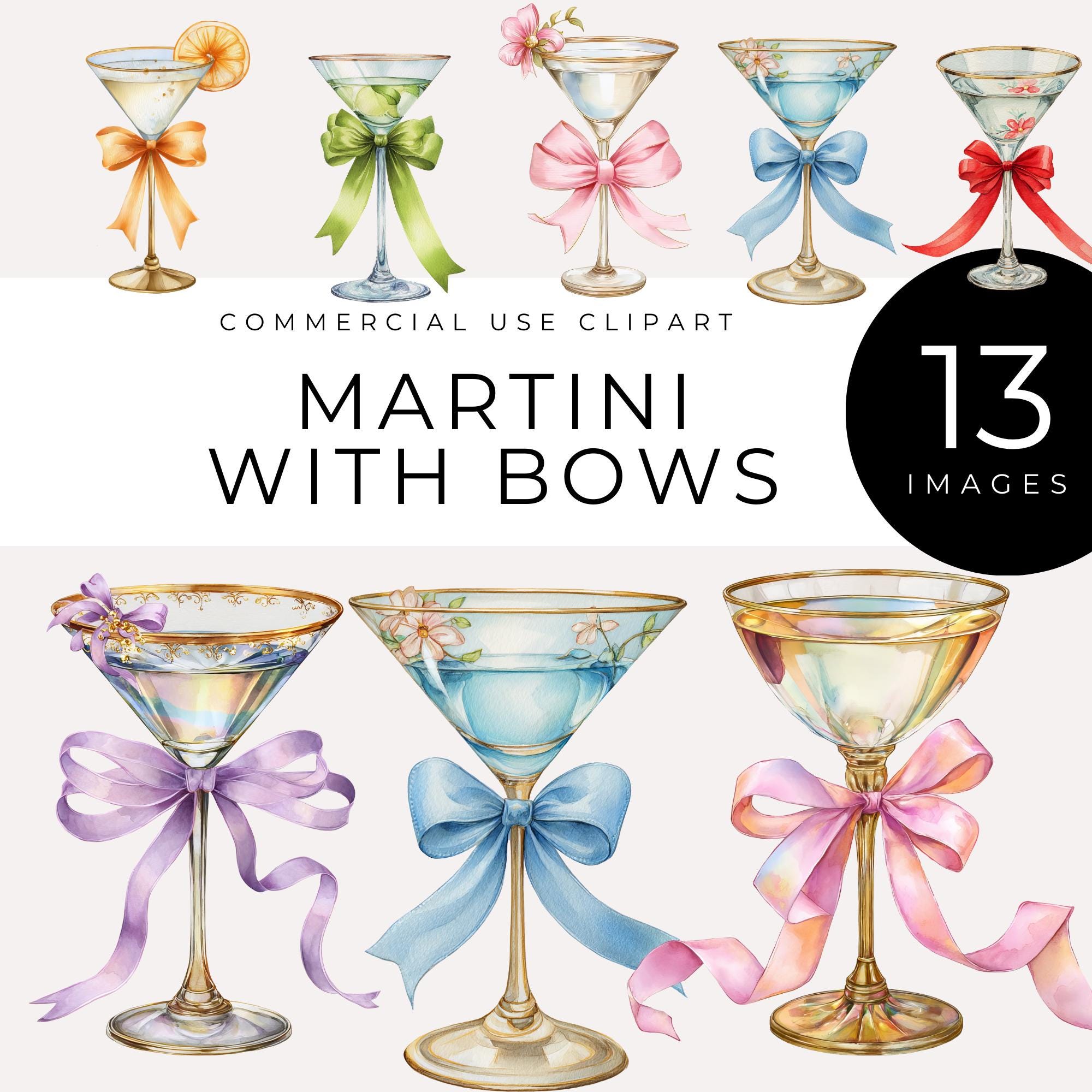 Martini Glass With Bow Clipart Instant Download Watercolor Cocktail