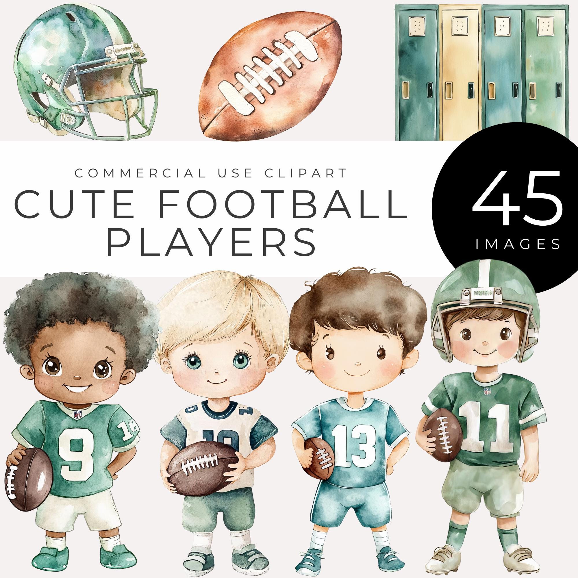 Football Clipart INSTANT DOWNLOAD Watercolor Cute Player Graphics, Kids ...
