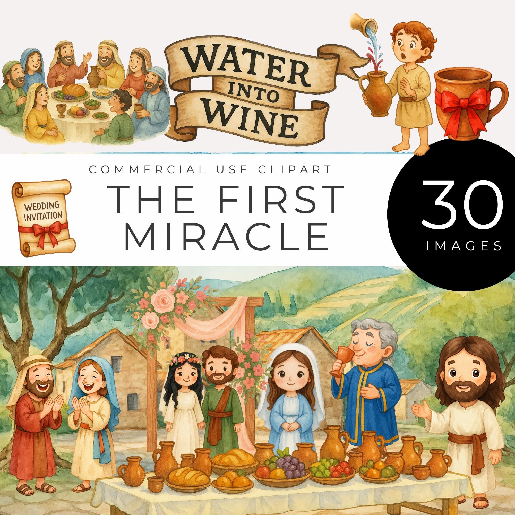 Water Into Wine Clipart, Instant Download, Jesus First Miracle Wedding ...